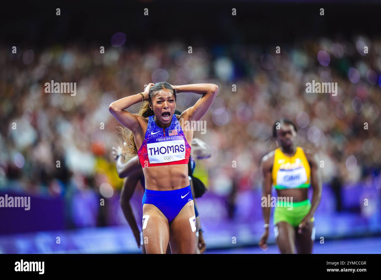 Gabrielle Thomas winning in the 200 meters relay at the Paris 2024 ...