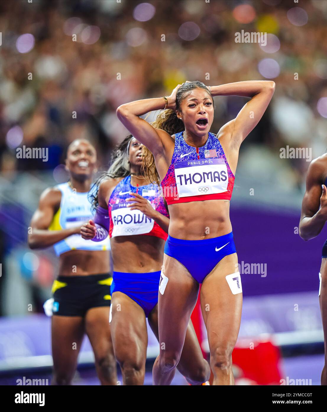 Gabrielle Thomas winning in the 200 meters relay at the Paris 2024 ...