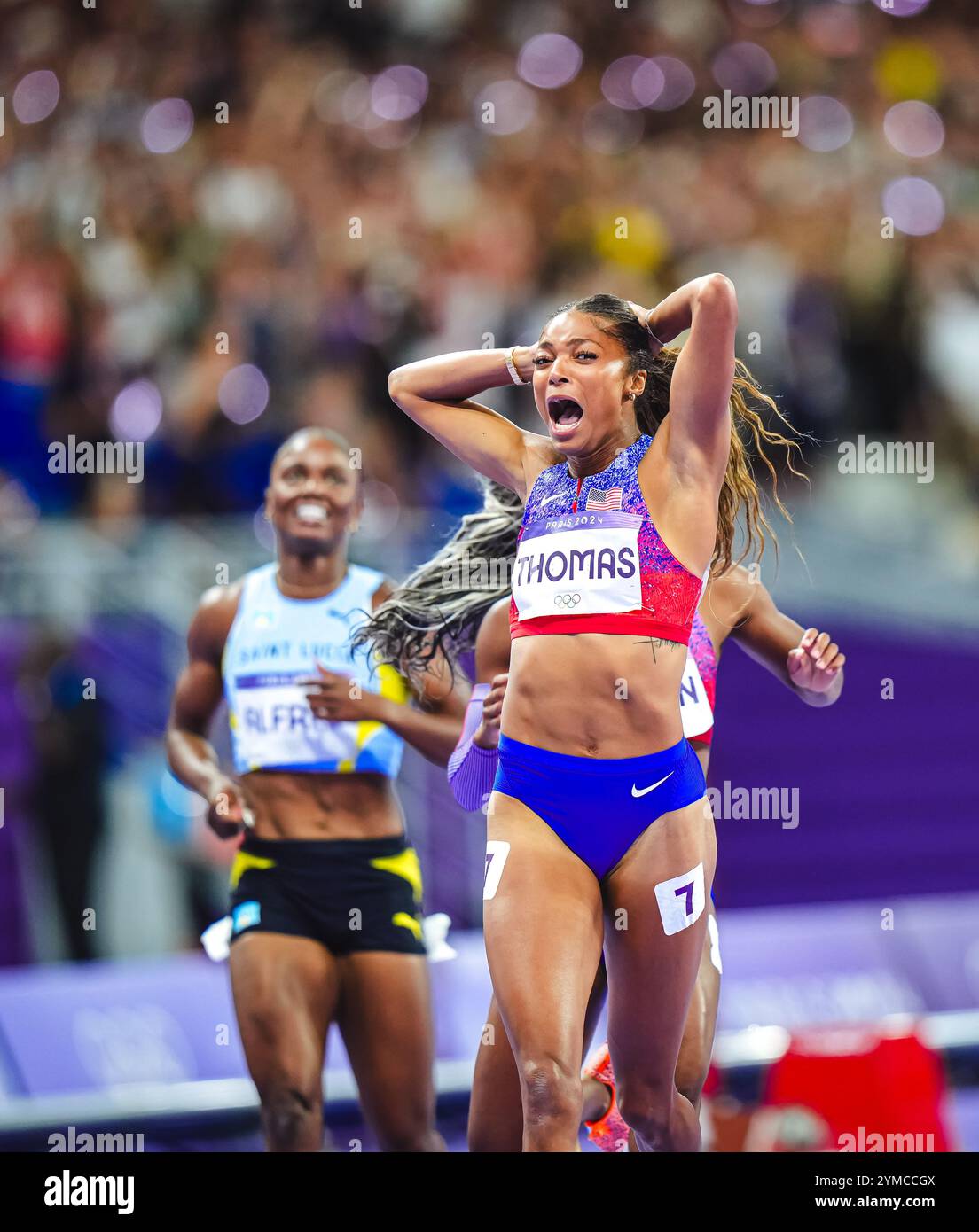 Gabrielle Thomas winning in the 200 meters relay at the Paris 2024 ...