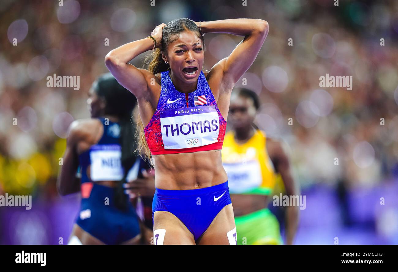 Gabrielle Thomas winning in the 200 meters relay at the Paris 2024 ...
