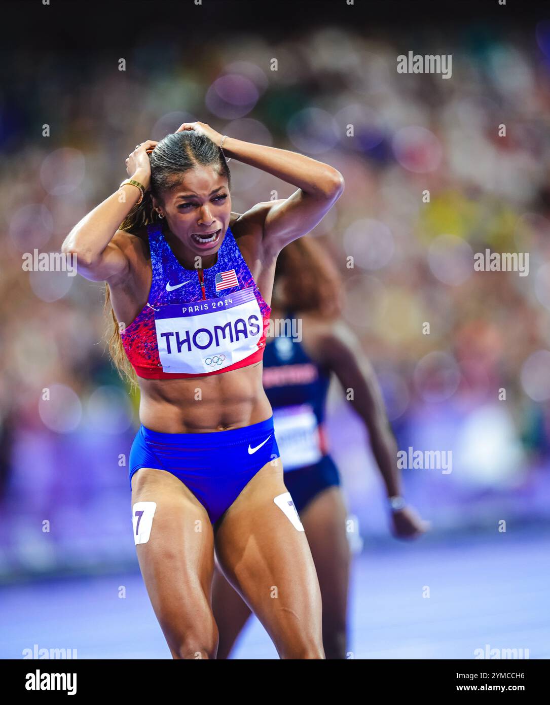 Gabrielle Thomas winning in the 200 meters relay at the Paris 2024 ...