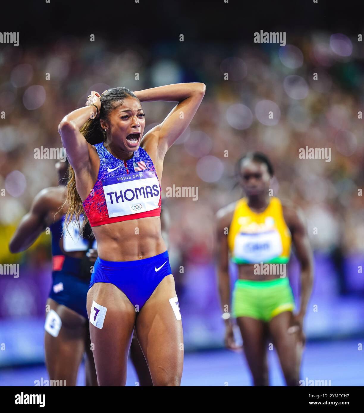 Gabrielle Thomas winning in the 200 meters relay at the Paris 2024 ...