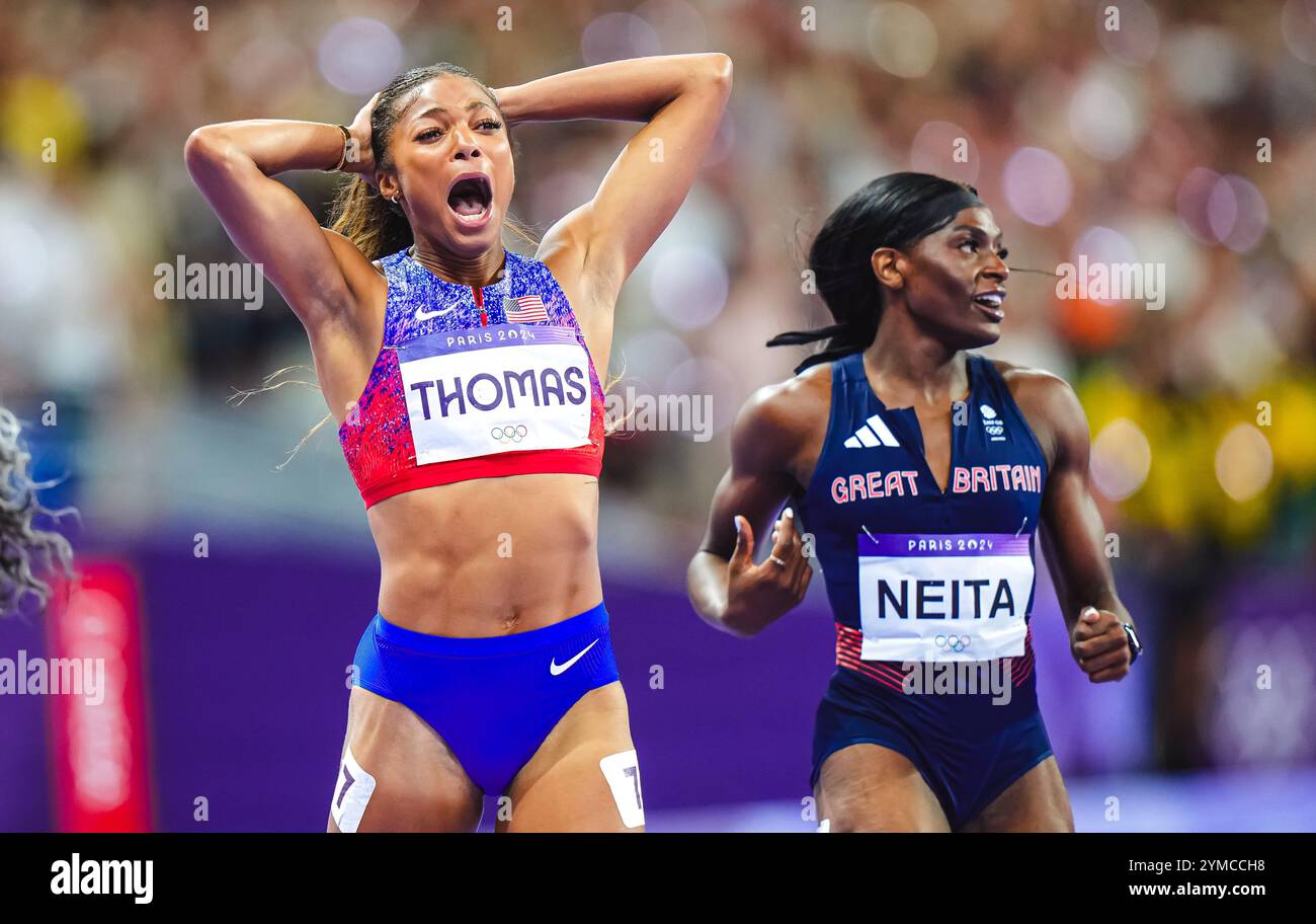 Gabrielle Thomas winning in the 200 meters relay at the Paris 2024 ...