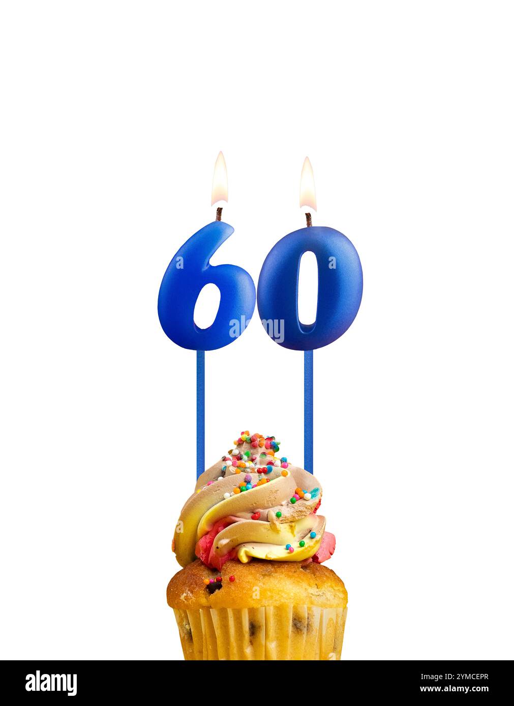 Candle in shape of the number 60 - Blue birthday on a white background ...