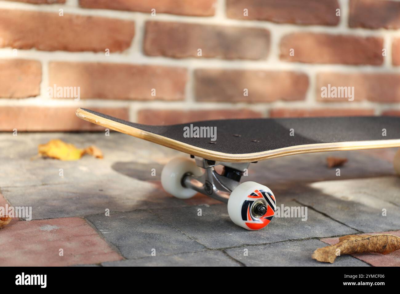 One skateboard on paved pathway near brick wall outdoors, closeup Stock ...