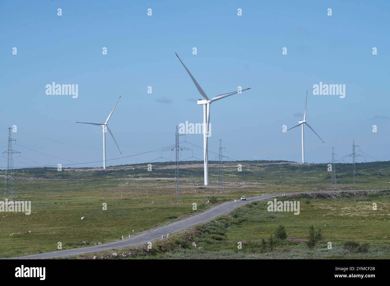 Power line and three wind turbines on a July day. Fragment of the Kola ...