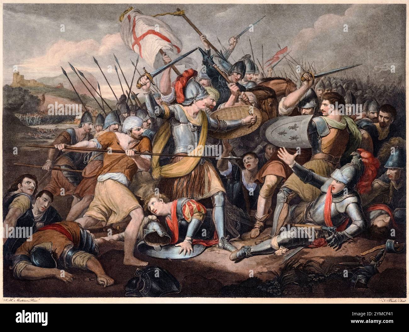 The Battle of Agincourt, 25th October 1415, coloured stipple engraving ...