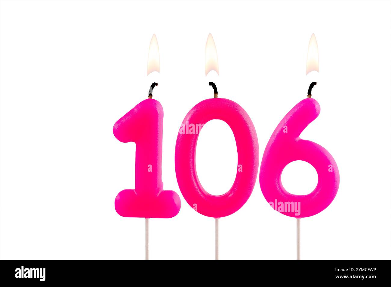 Pink number 106 birthday candle lit on white background Stock Photo - Alamy