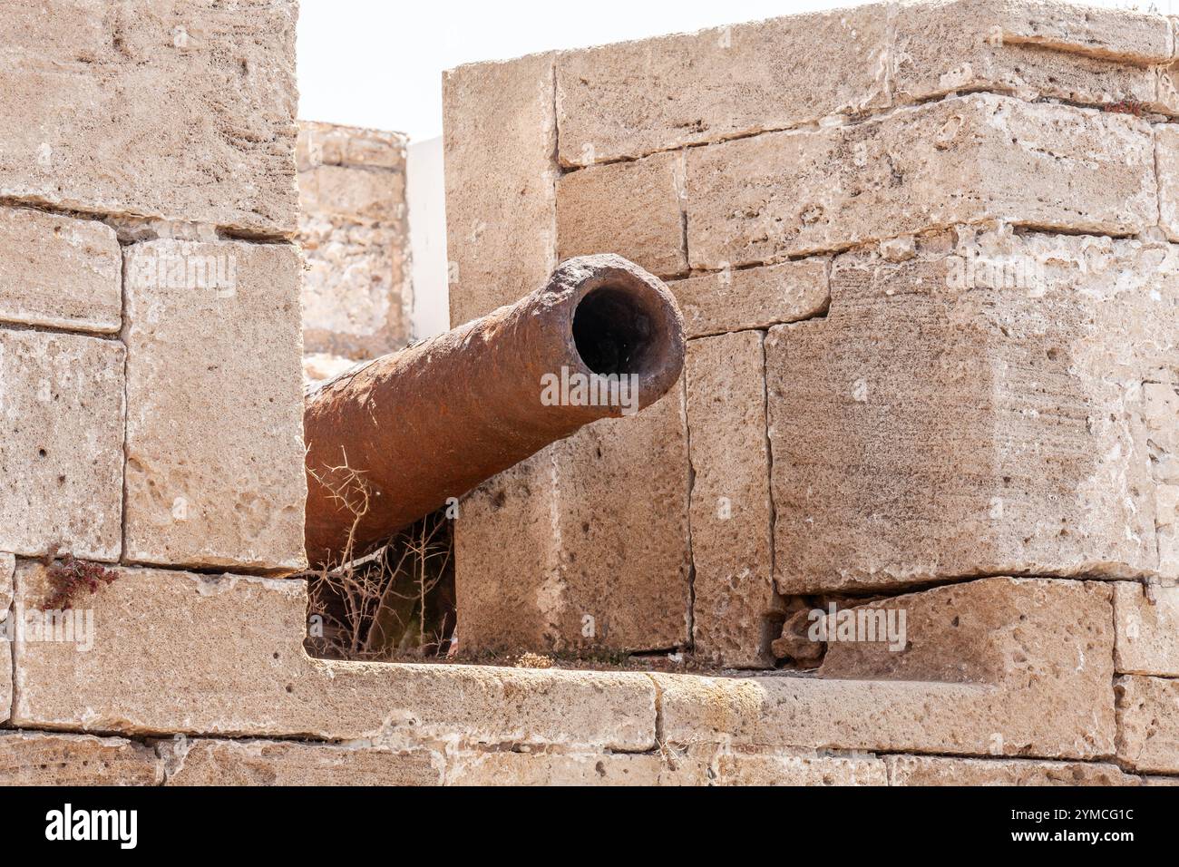 Pointing towards the sea through a crenel in the rampart of the ...