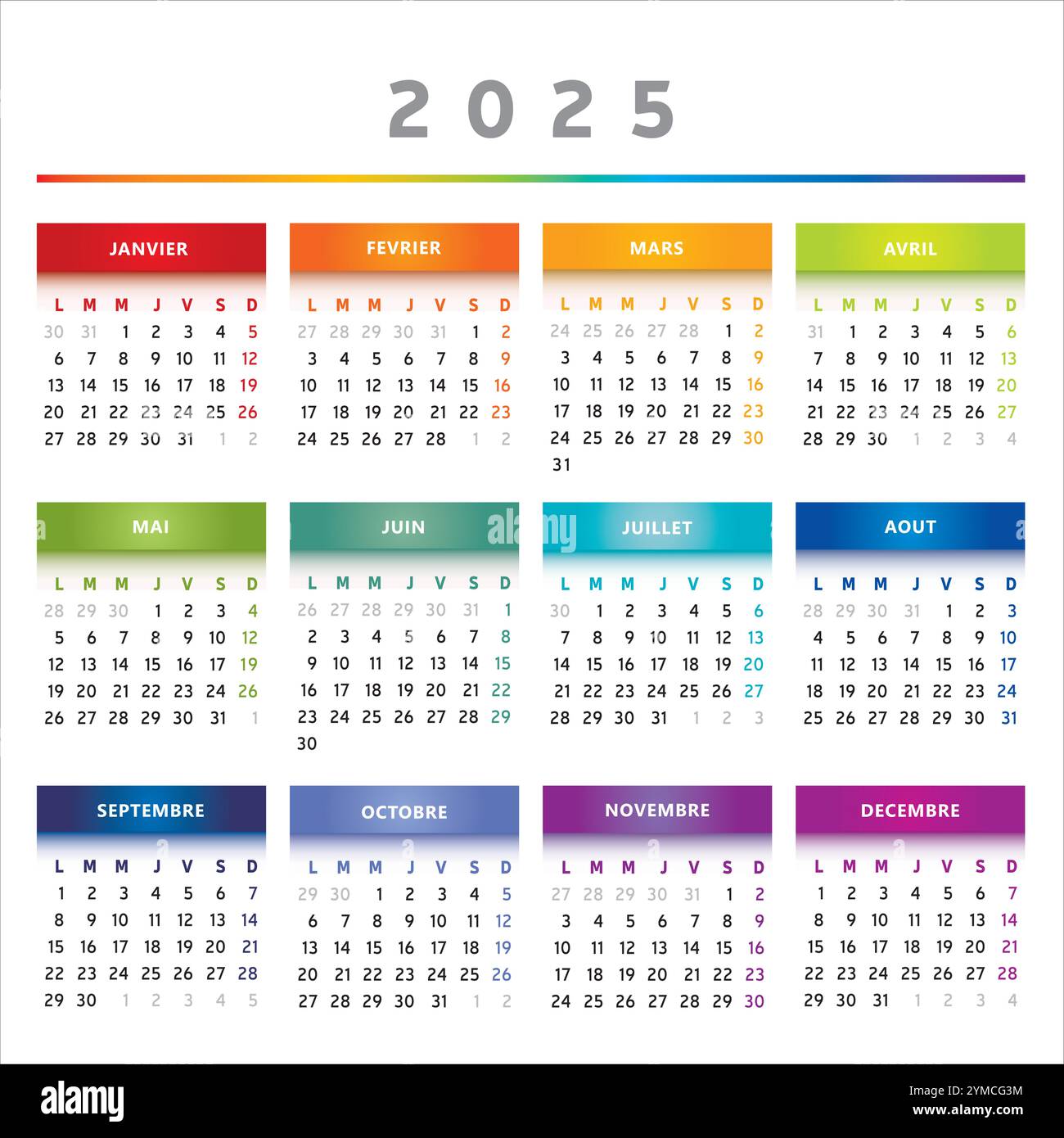 2025 Calendar with Boxes in Rainbow Colors 4 Columns - French Stock ...
