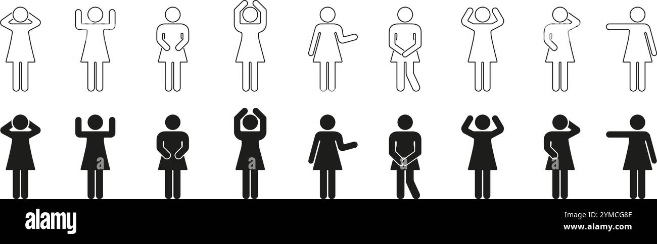 Set of Female Human Figure Line and Silhouette Icons. Woman Stick ...