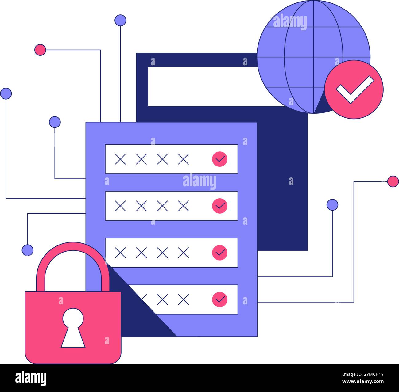Server Rack With Padlock And Checkmark In Flat Vector Illustration ...