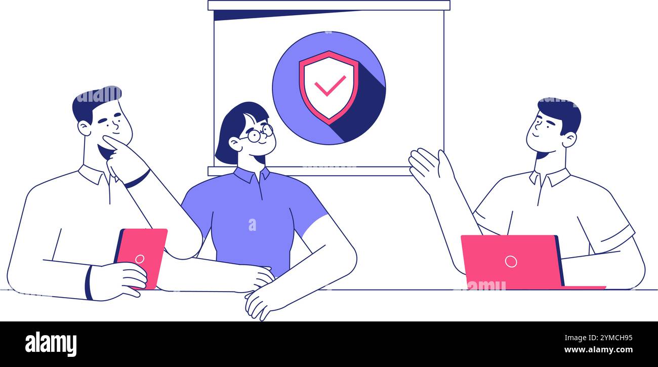 Group Presentation On Cybersecurity Solutions With Shield Symbol In Flat Vector Illustration ...