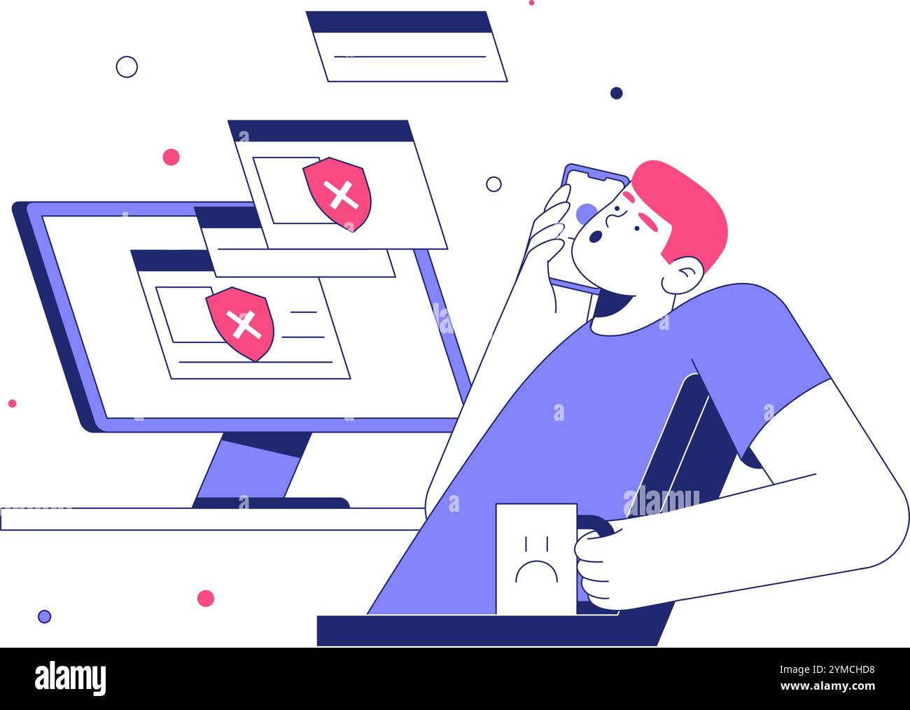 Scam Alert Notification With Frustrated Male Character And Computer Screen In Flat Vector ...