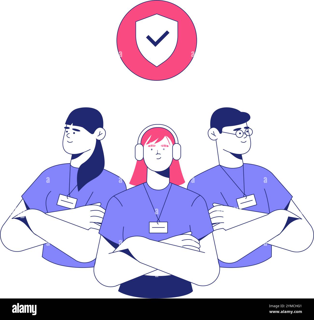 Three Team Members With Shield And Checkmark In Flat Vector ...