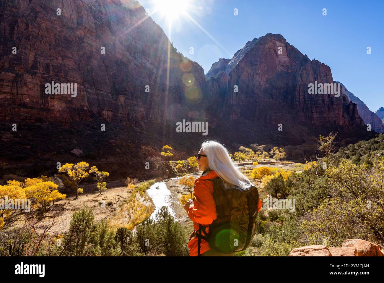 Woman hiking near Angels Landing Trail overlooking Virgin River Stock ...
