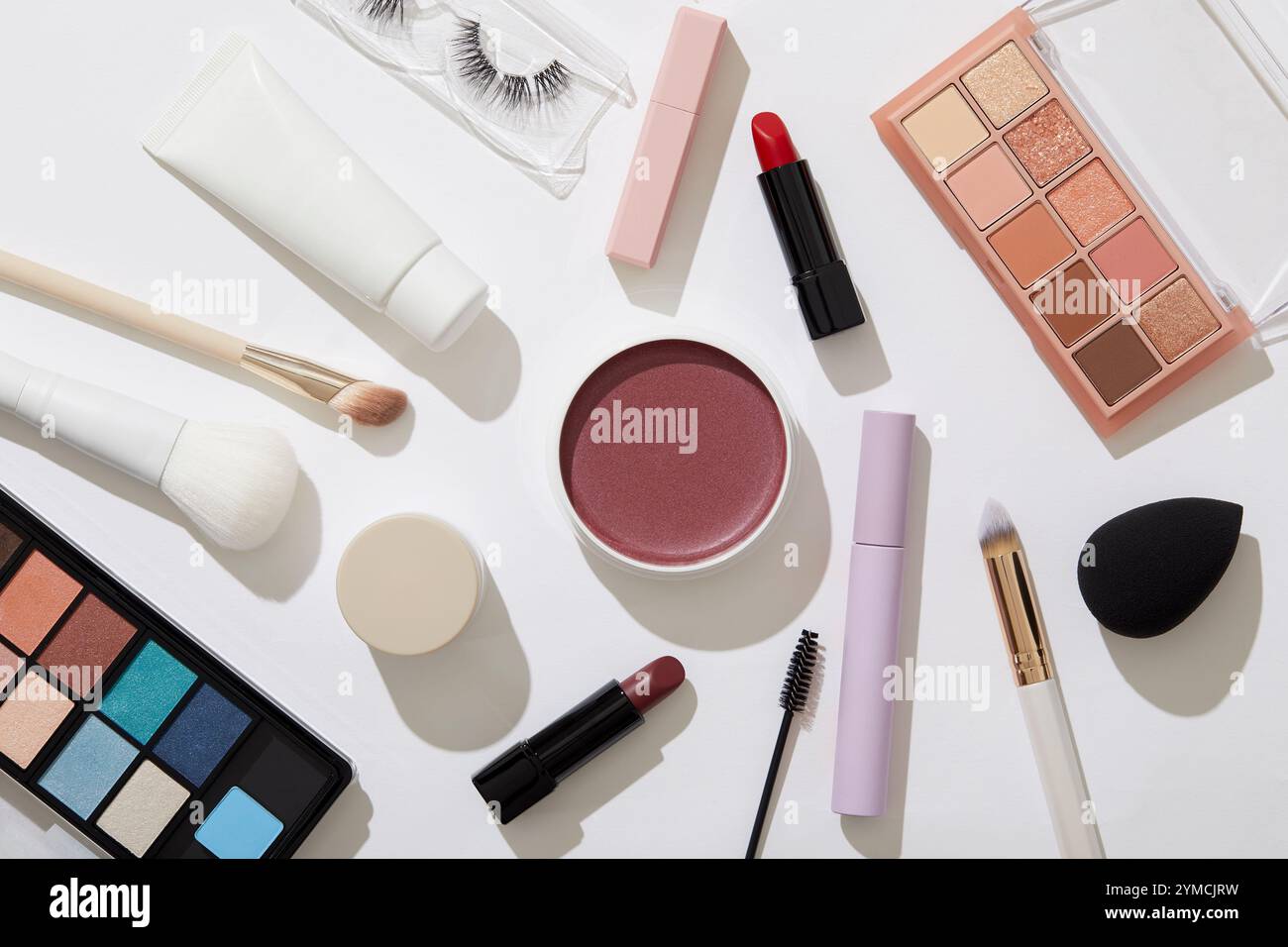 Overhead view of beauty and makeup products on white background Stock ...