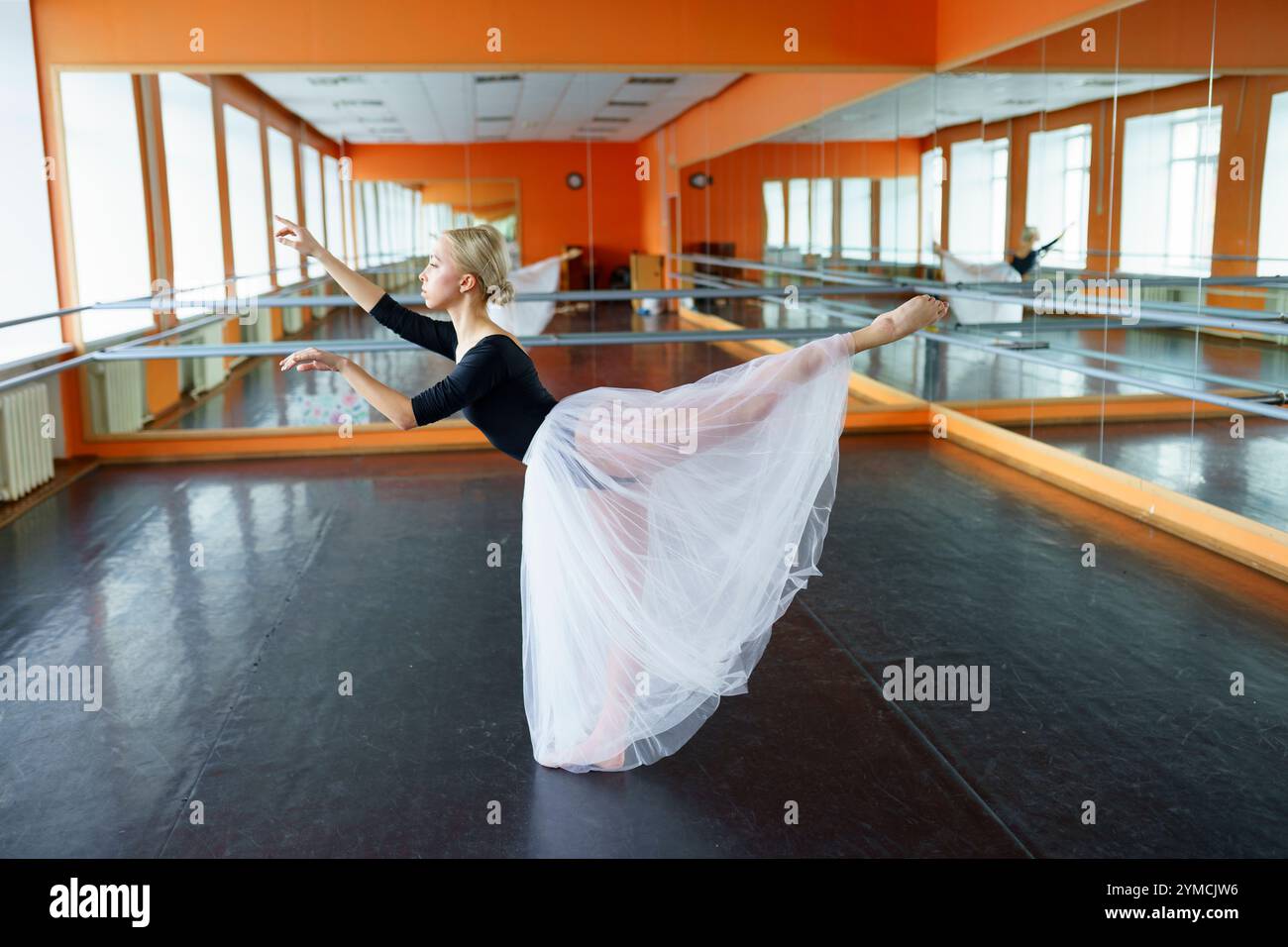 Portrait of ballerina sitting on floor in ballet studio Stock Photo - Alamy