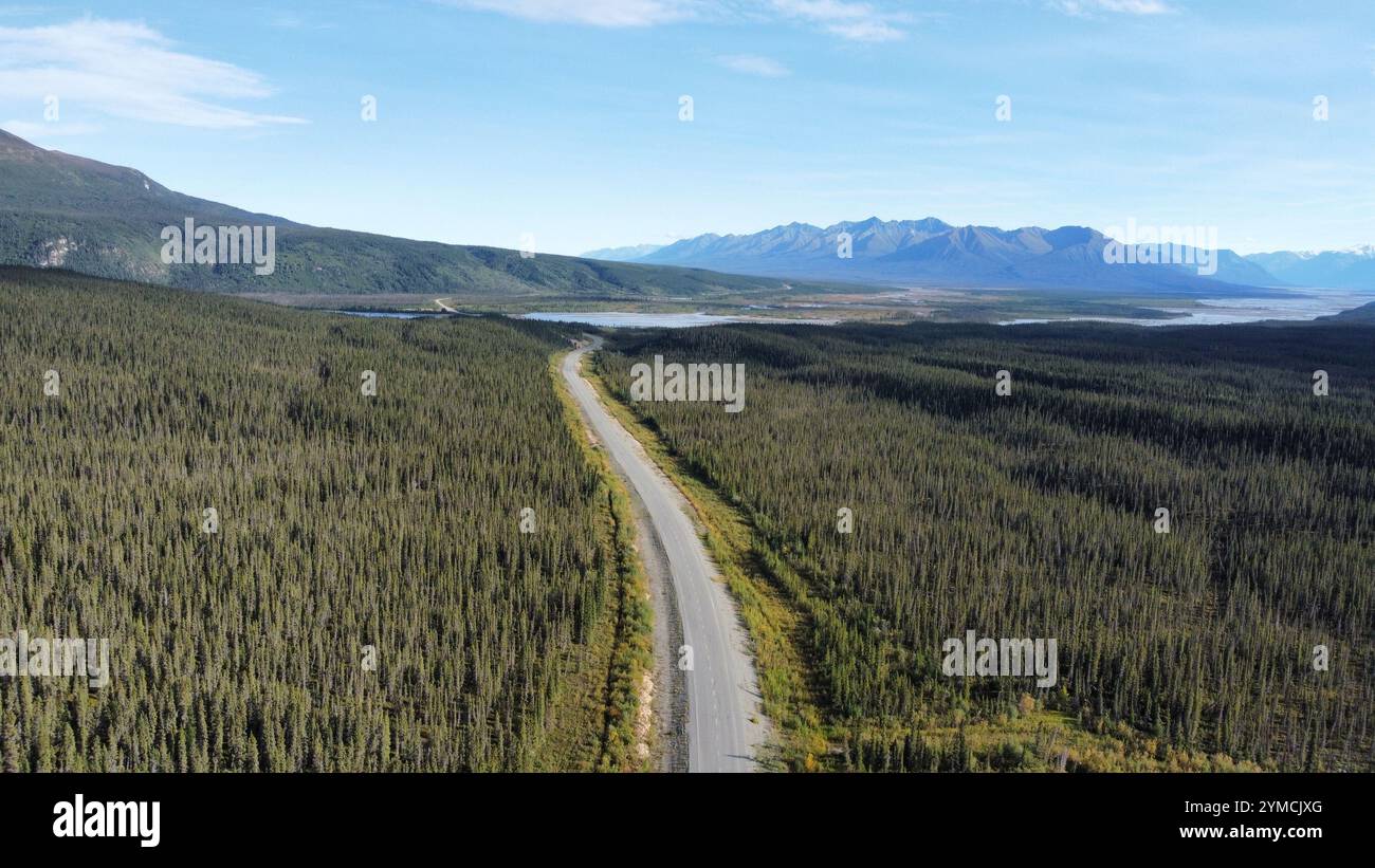 Alaska Highway in North America. Road with green Landscape with forest ...