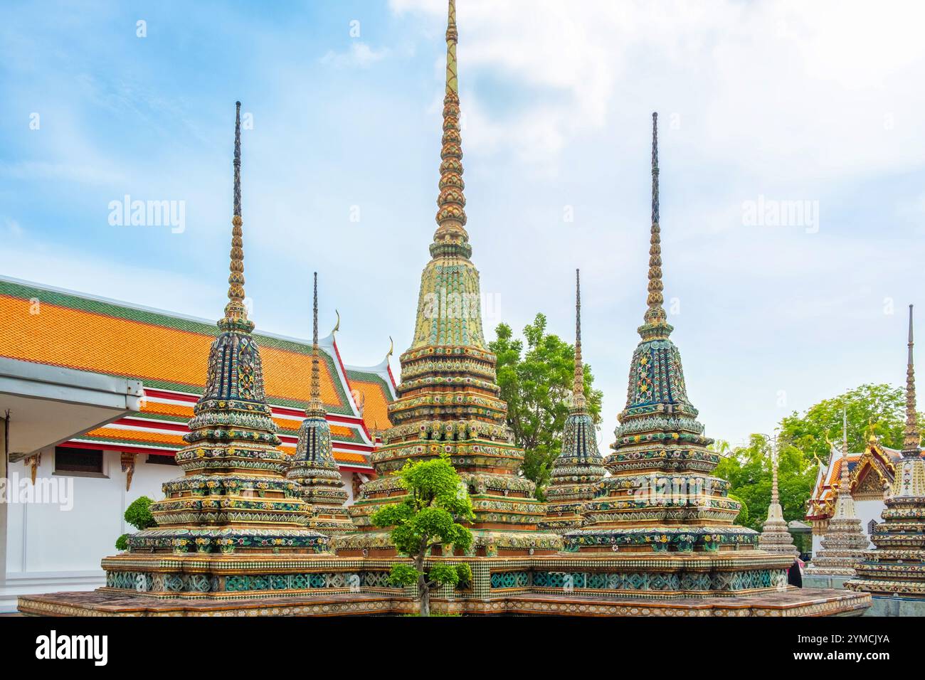Thai Stupas in Wat Pho Temple Complex in Bangkok city with traditional ...
