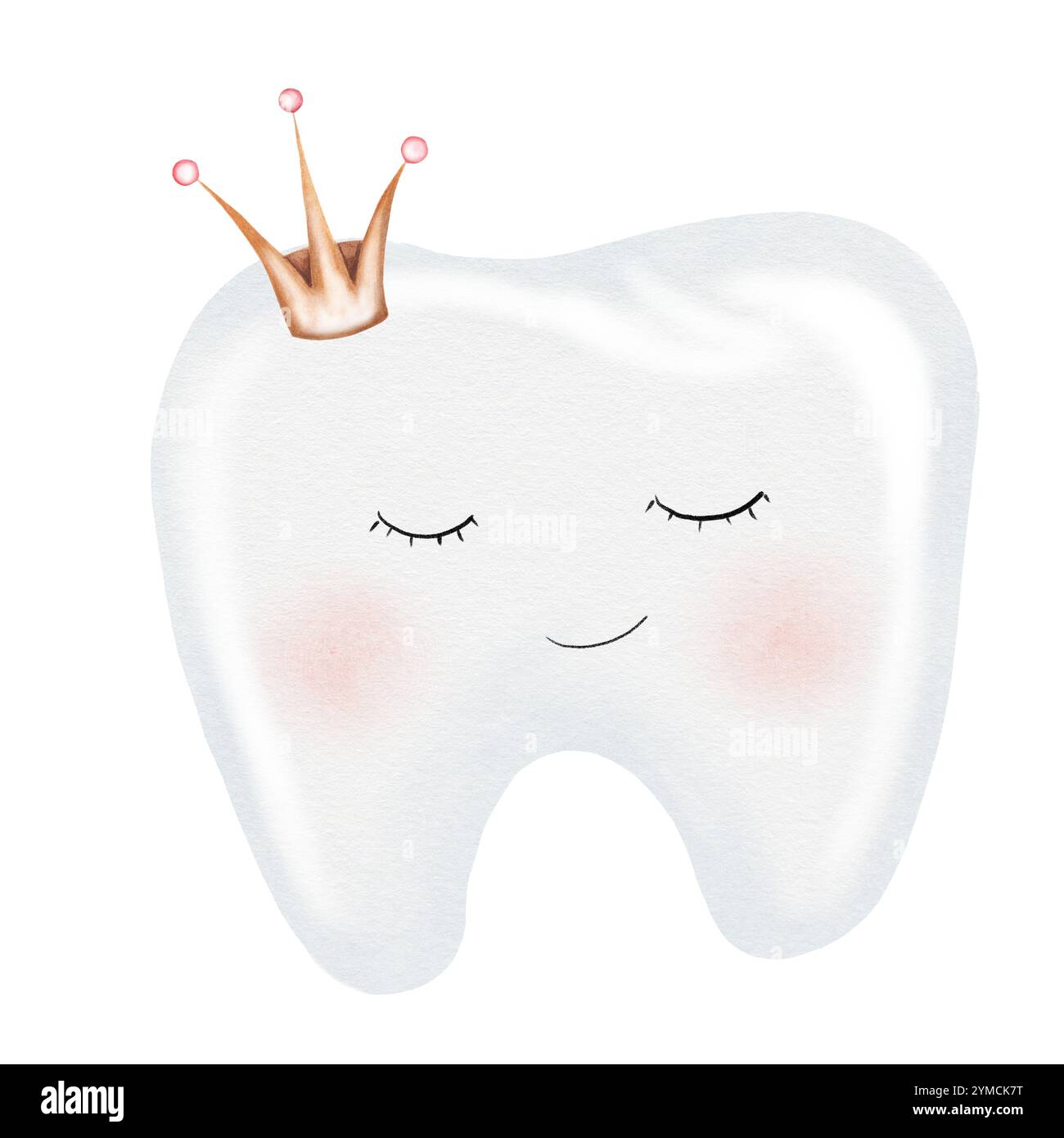 Baby tooth watercolor. Cute cartoon molar with crown on isolated white ...