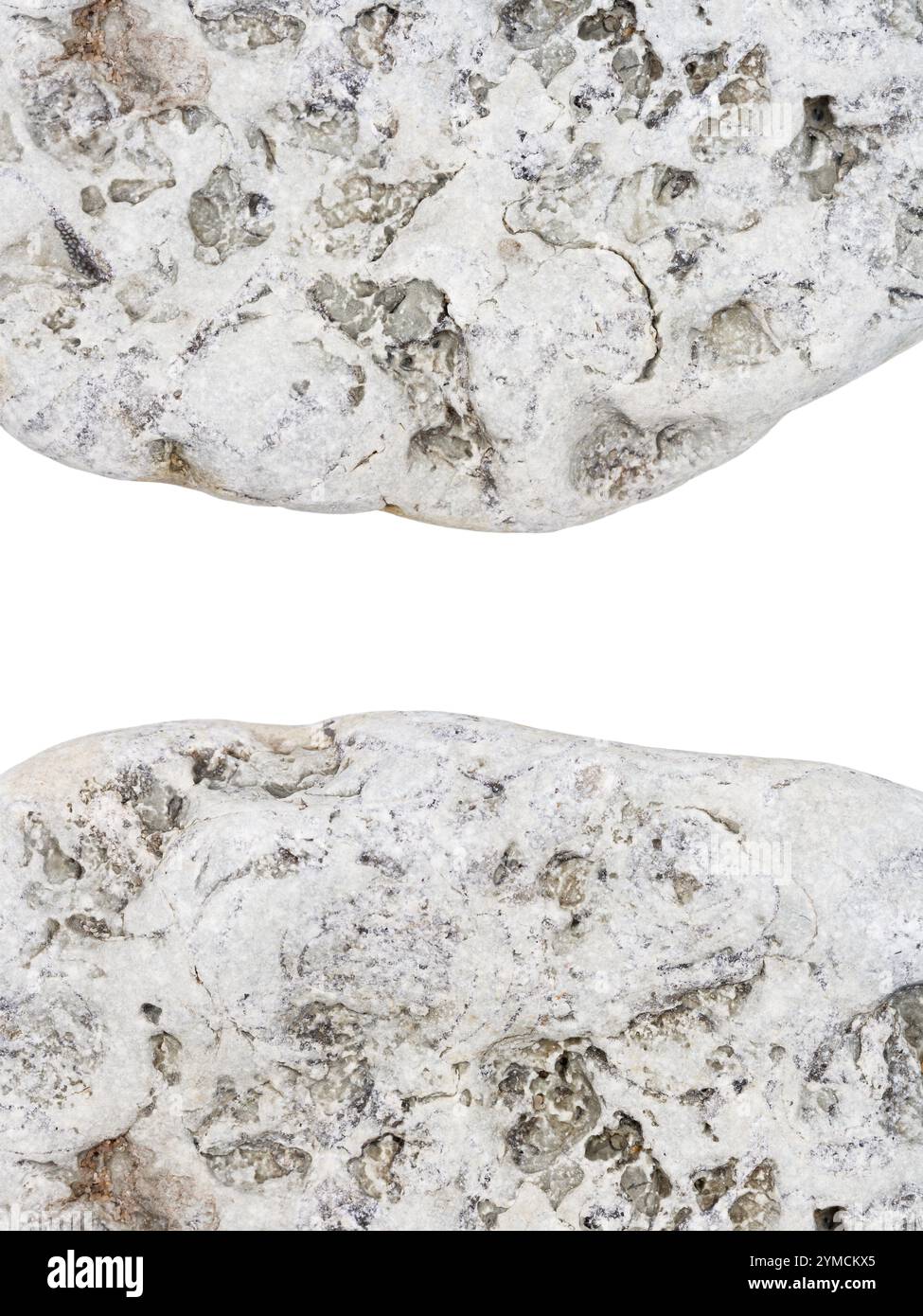 Edges of two pebbles isolated on white background with a space for text ...