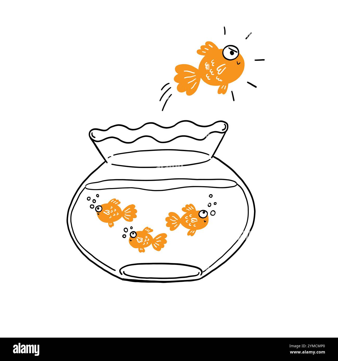 A goldfish jumping out of the water to escape to freedom, Hand drawn ...