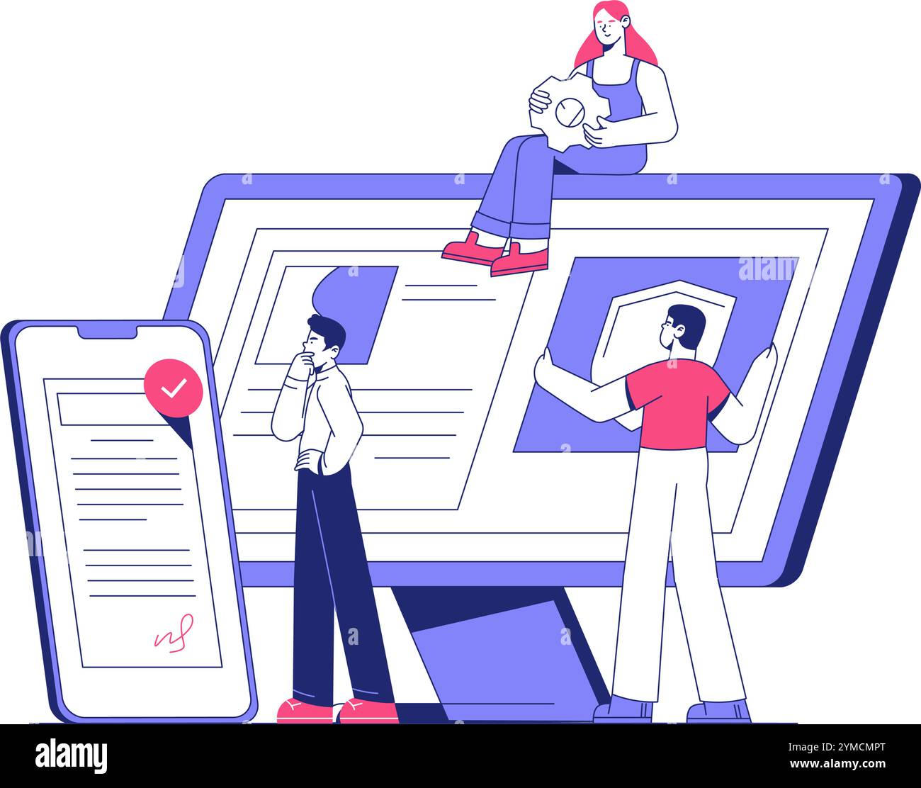 Team Collaborating On Digital Files Management With Desktop And Mobile ...