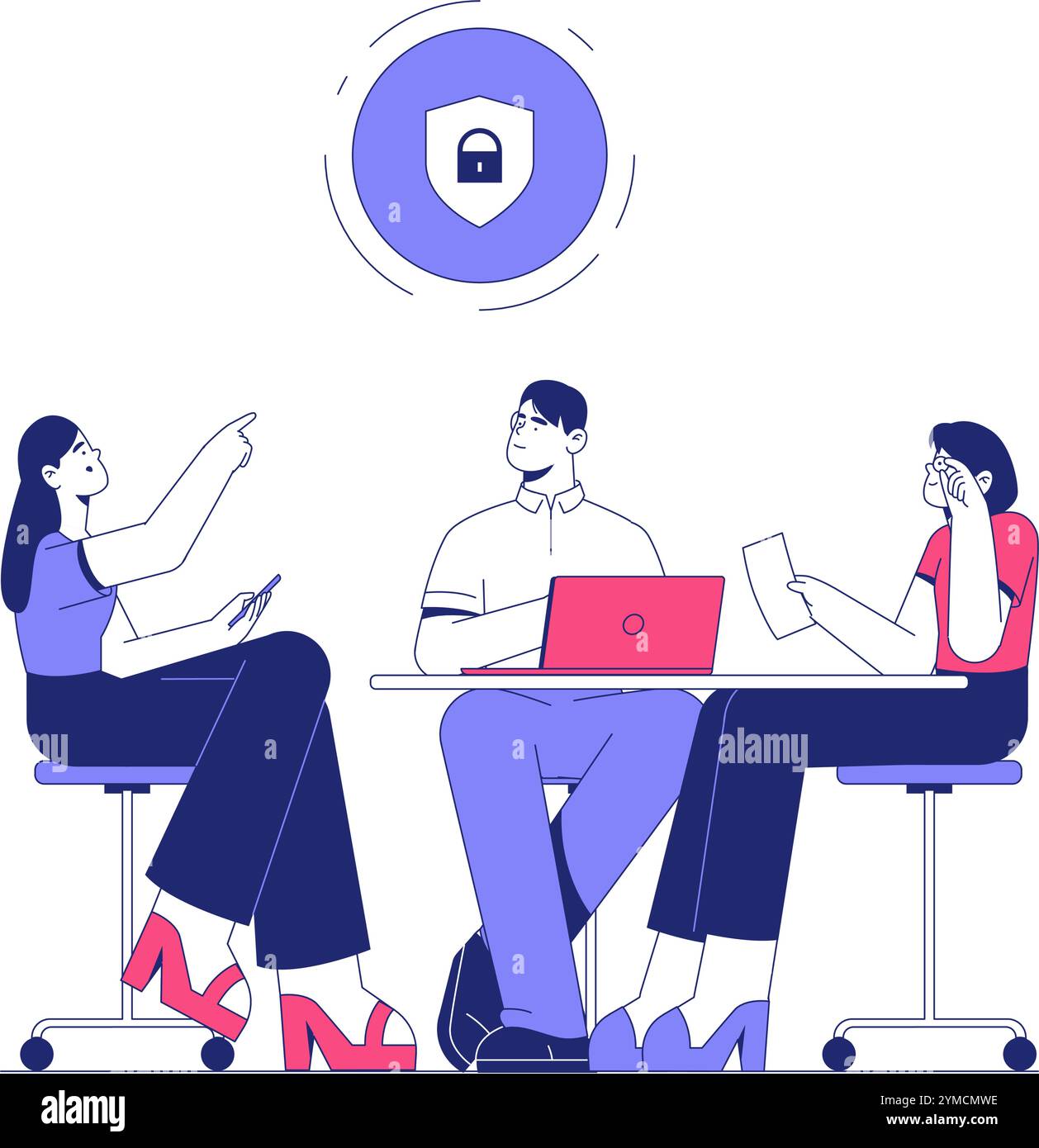 Business Team Discussing Cybersecurity Strategy With Shield Icon Above In Flat Vector ...