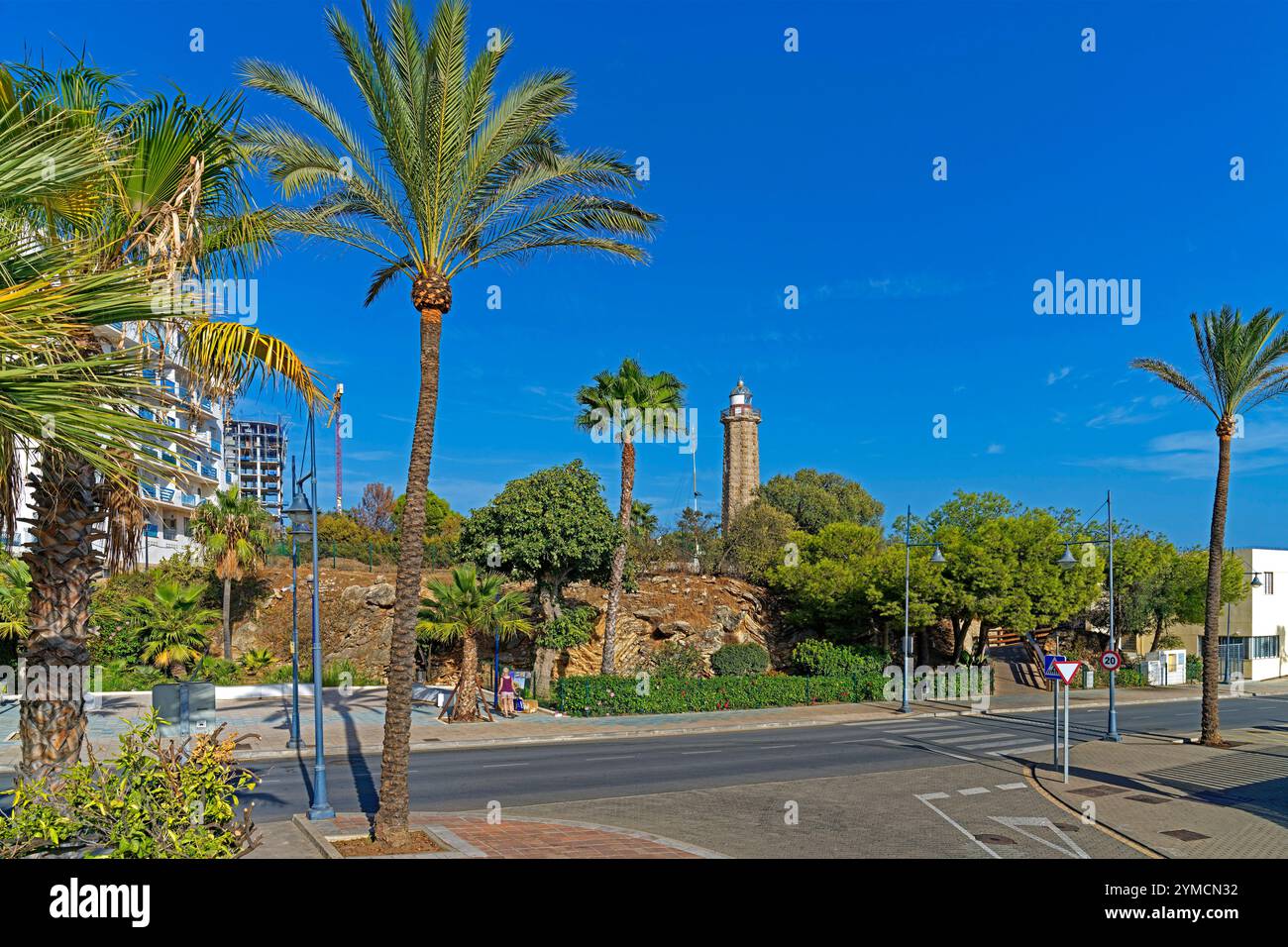 Straßenansicht, Palmen, Leuchtturm, Faro de Punta Doncella Stock Photo ...
