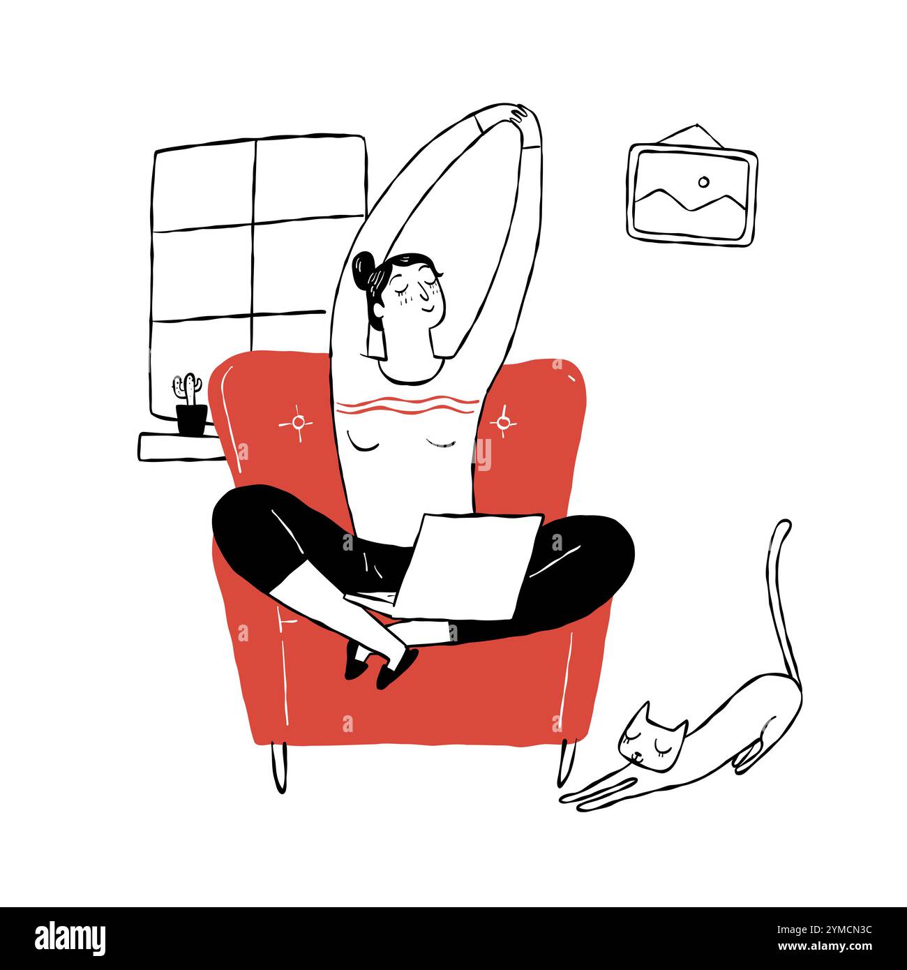 The pretty woman work at home with tablet stretch oneself on afternoon ...