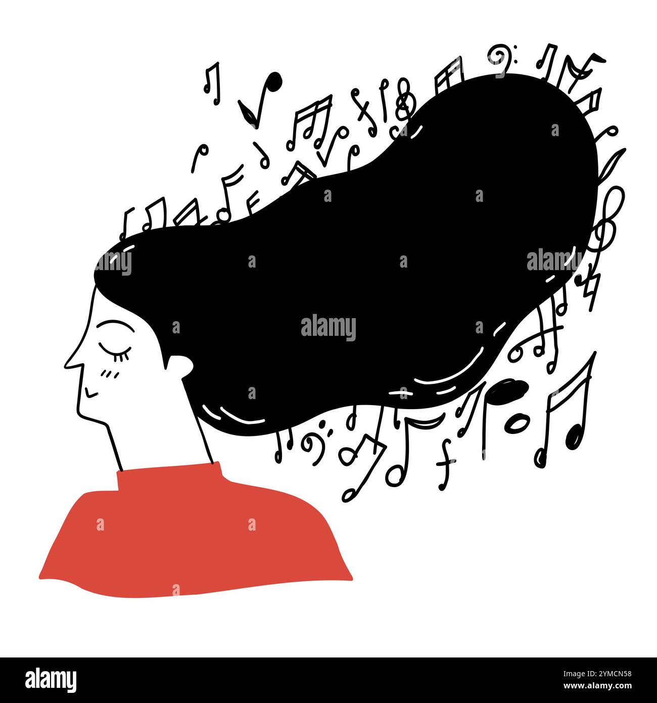 The woman with musical notes coming out of her hair, Hand drawn Vector ...
