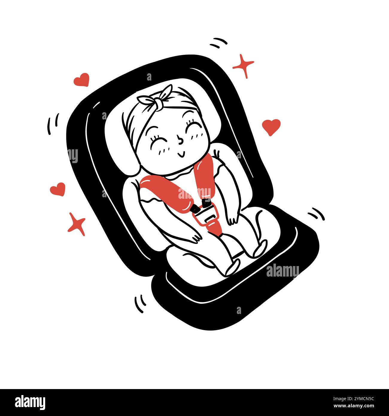 Vector illustration of happy smiling child sitting in a car seat on a ...