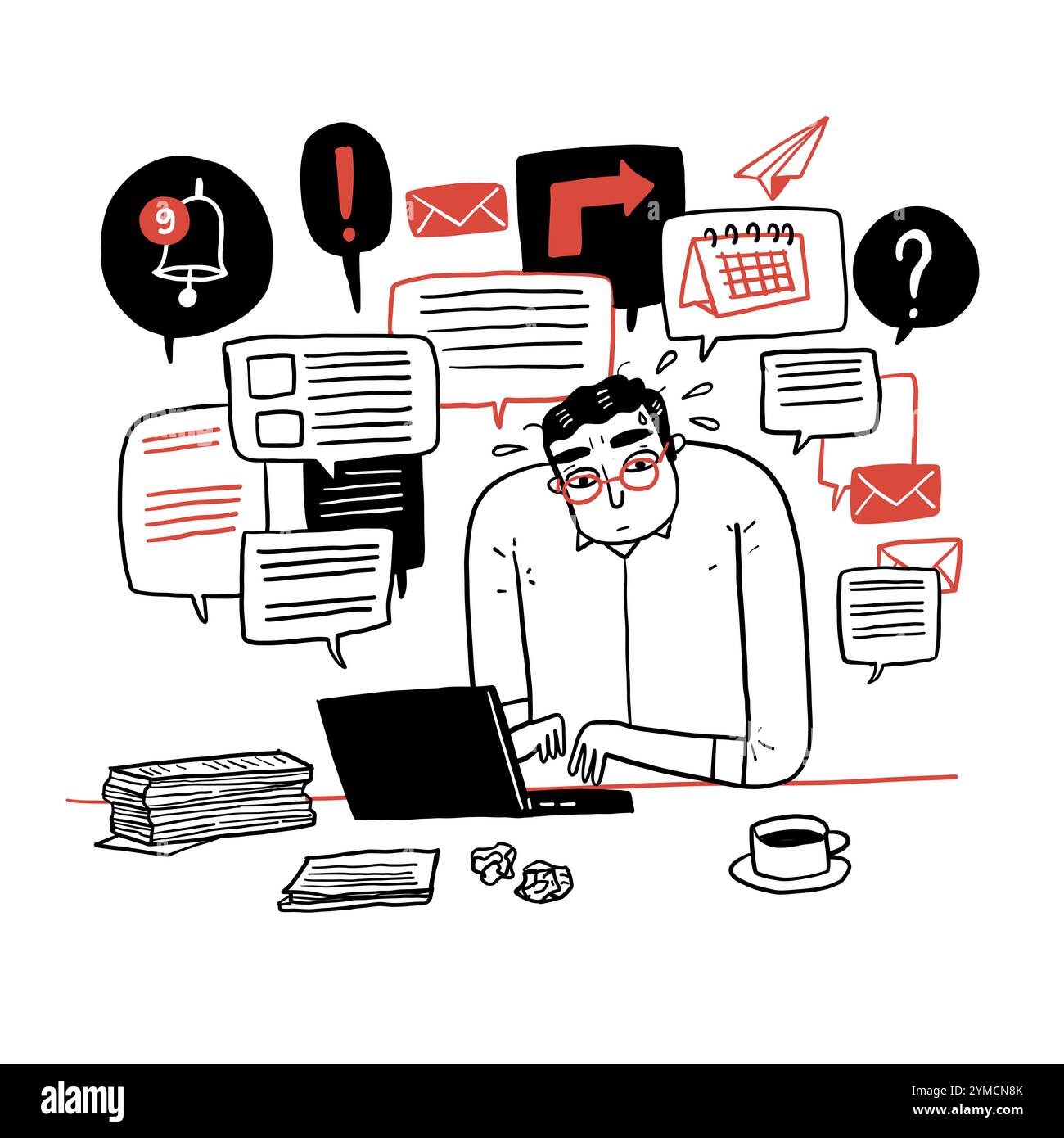 The man obsessed with work. Hand drawn vector illustration Stock Vector ...