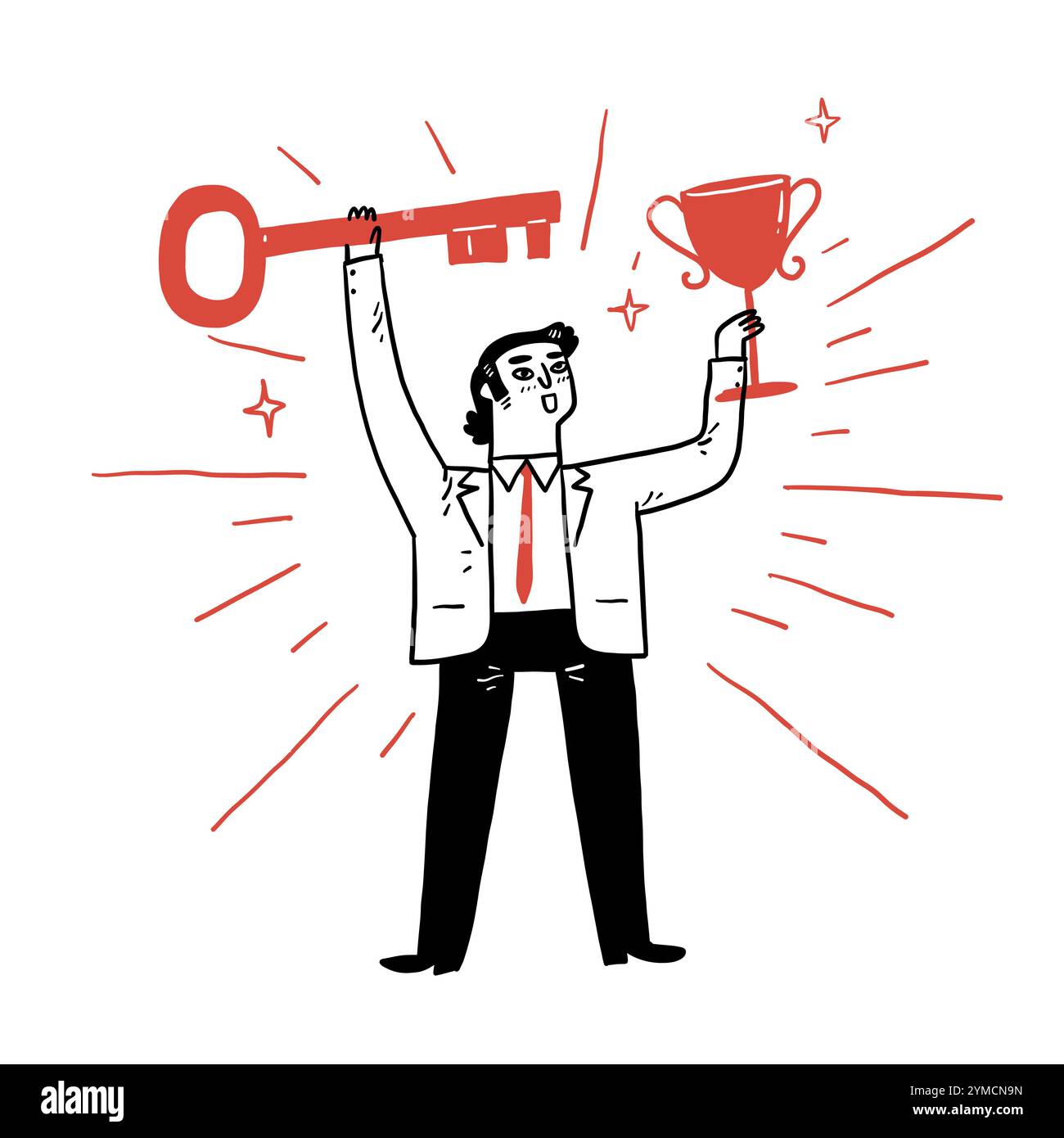 Business man holding up a gold key and trophy cup. Business to ...