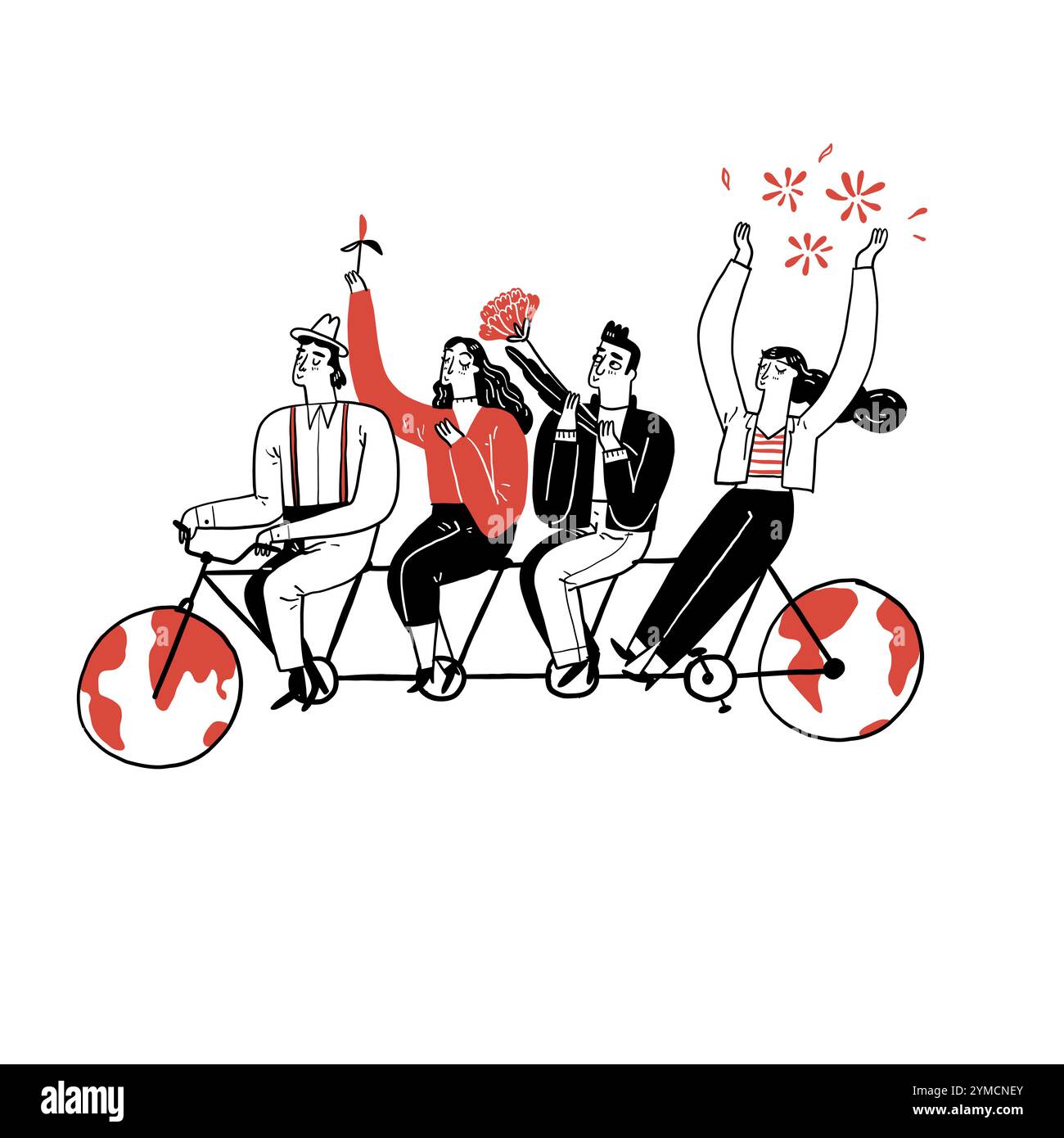 Group of people riding bicycle together. Tandem bicycle teamwork ...