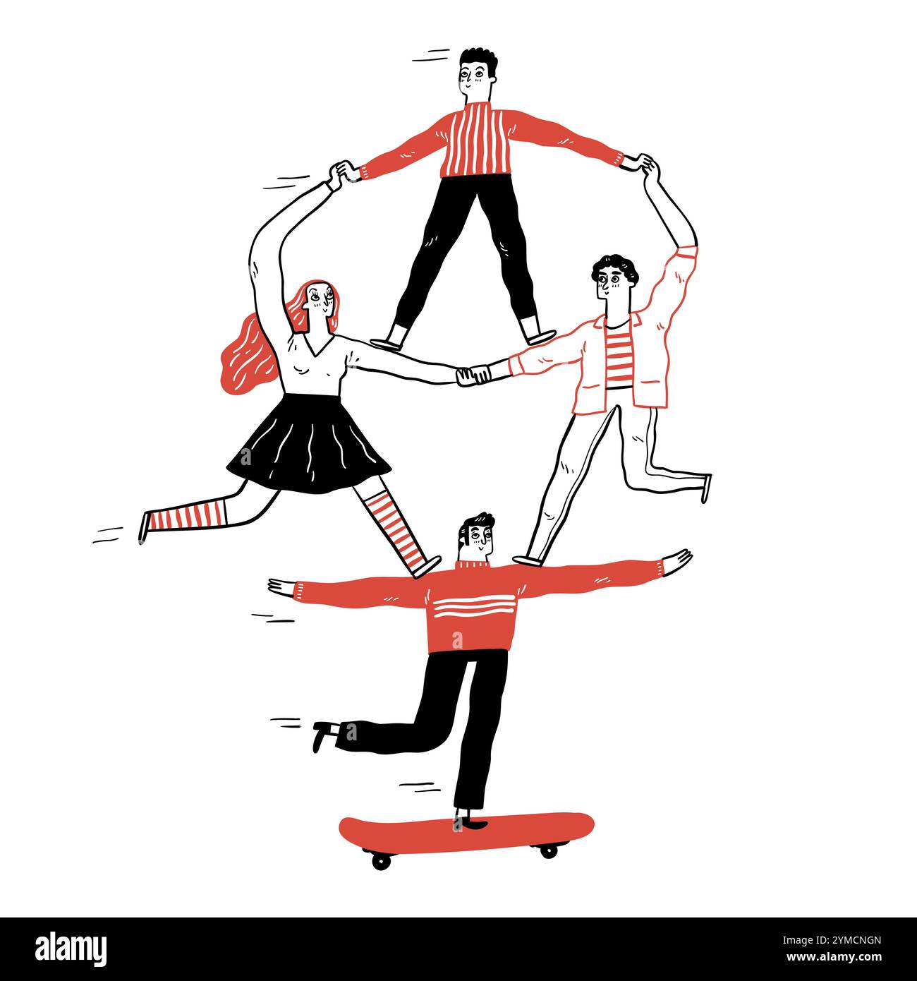 An employee or group of people performing acrobatics, Hand drawn vector ...