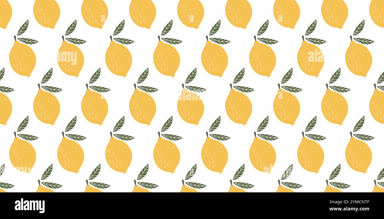 Bright seamless pattern featuring stylized lemons with green leaves ...