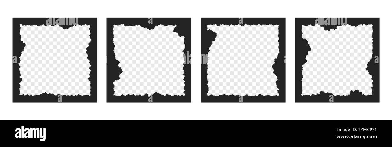 Vector set of black square shape frames with jagged edges. Ragged text ...