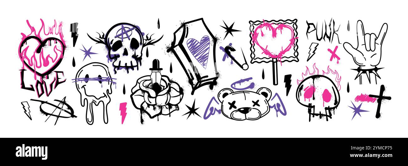 Spray paint graffiti element set. Street art gothic skull, bear head ...