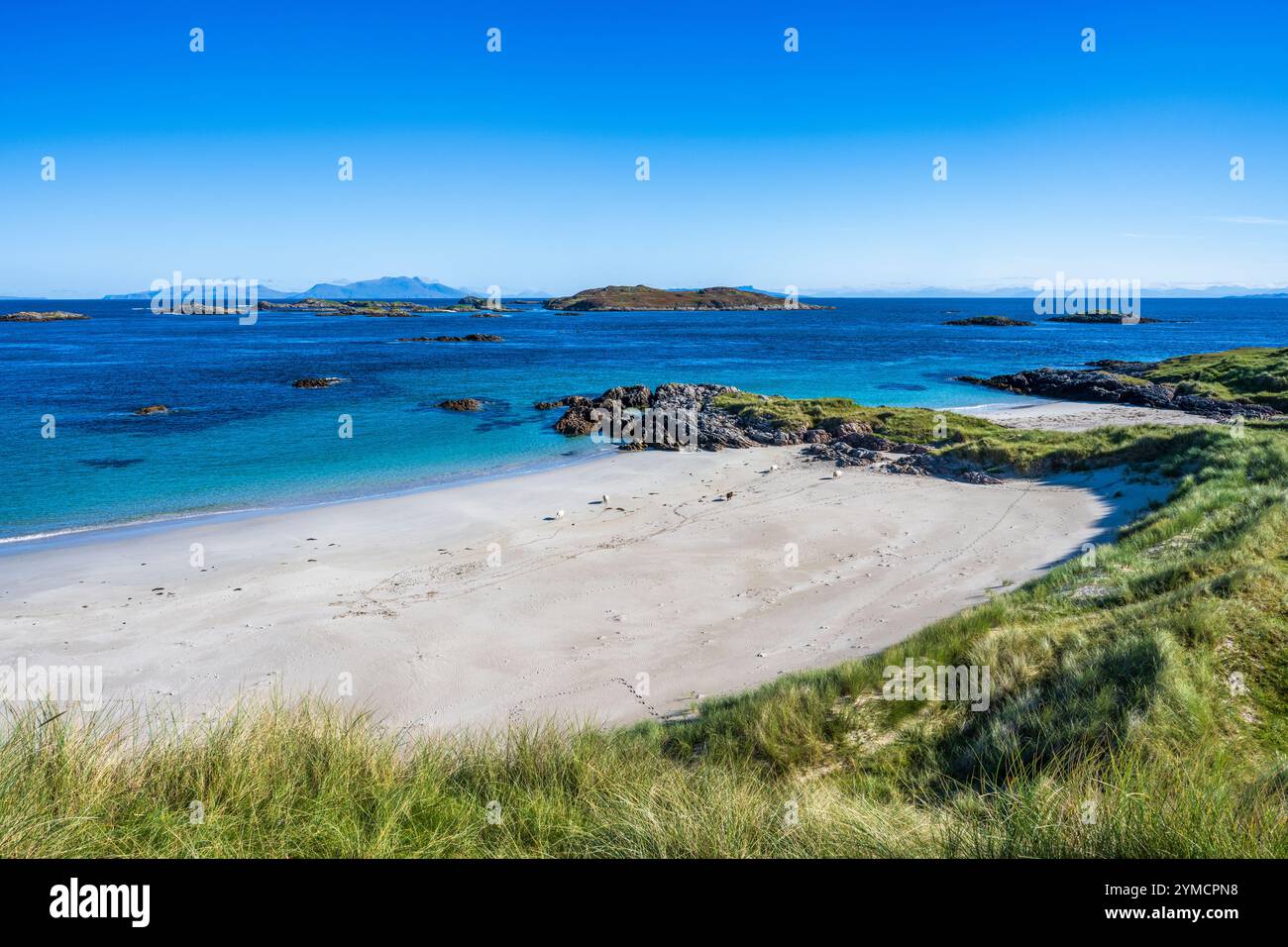 Elevated view of Traigh Tuath beach on north coast of Isle of Coll ...