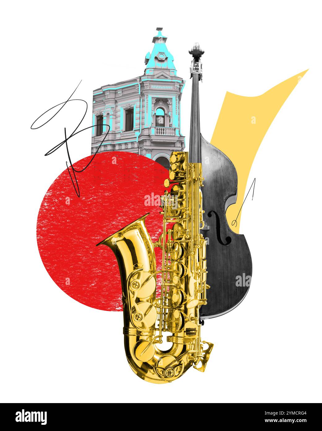 Poster. Contemporary art collage. Saxophone, historic city building ...