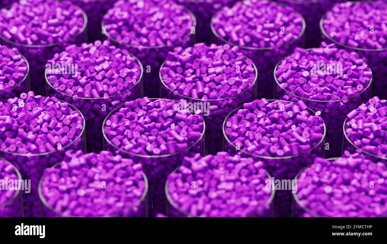 Grid of glasses filled with purple plastic polypropylene granules ...
