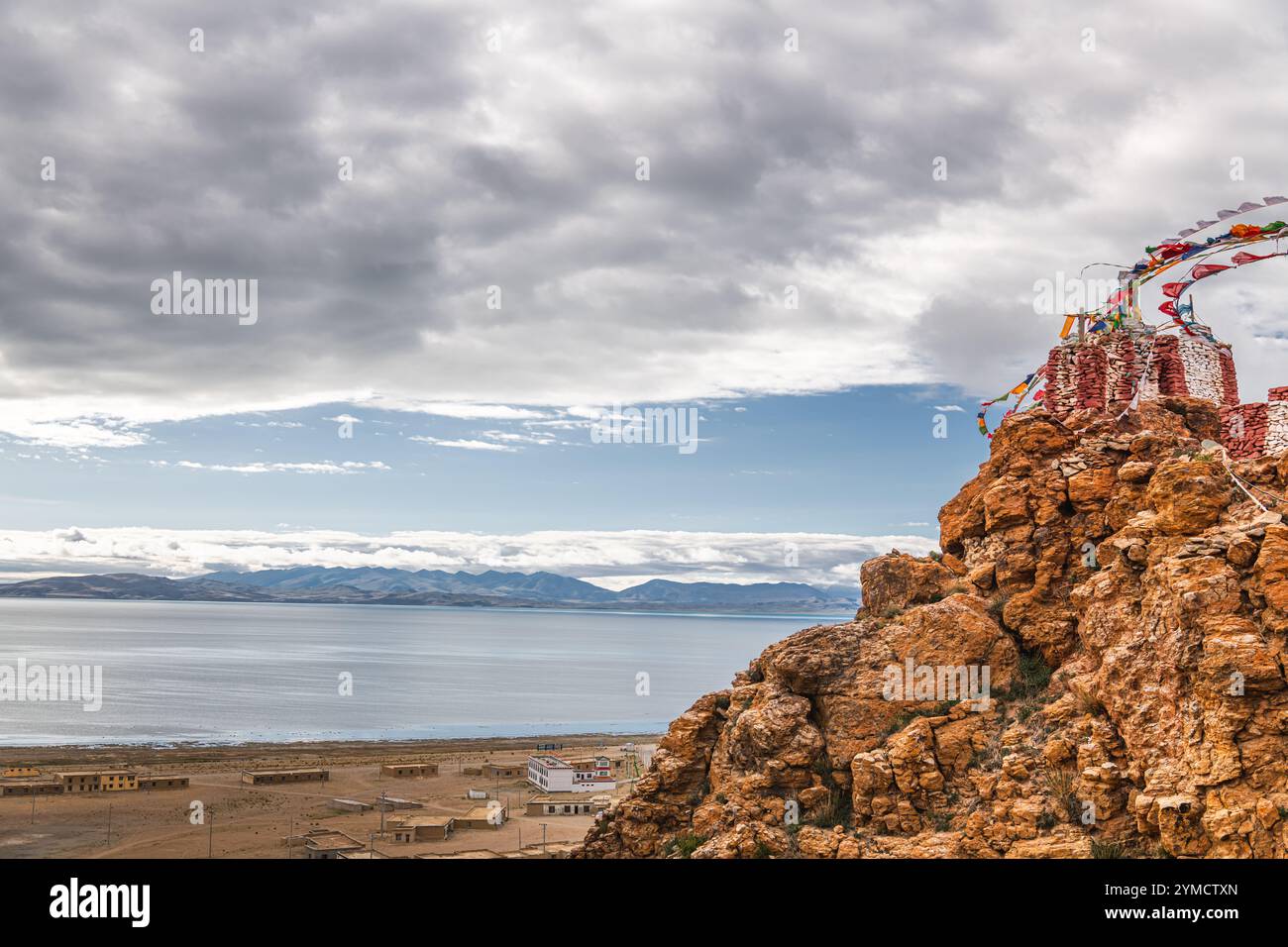 Northwest shore panoramic view of Lake Manasarovar from atop hill of ...
