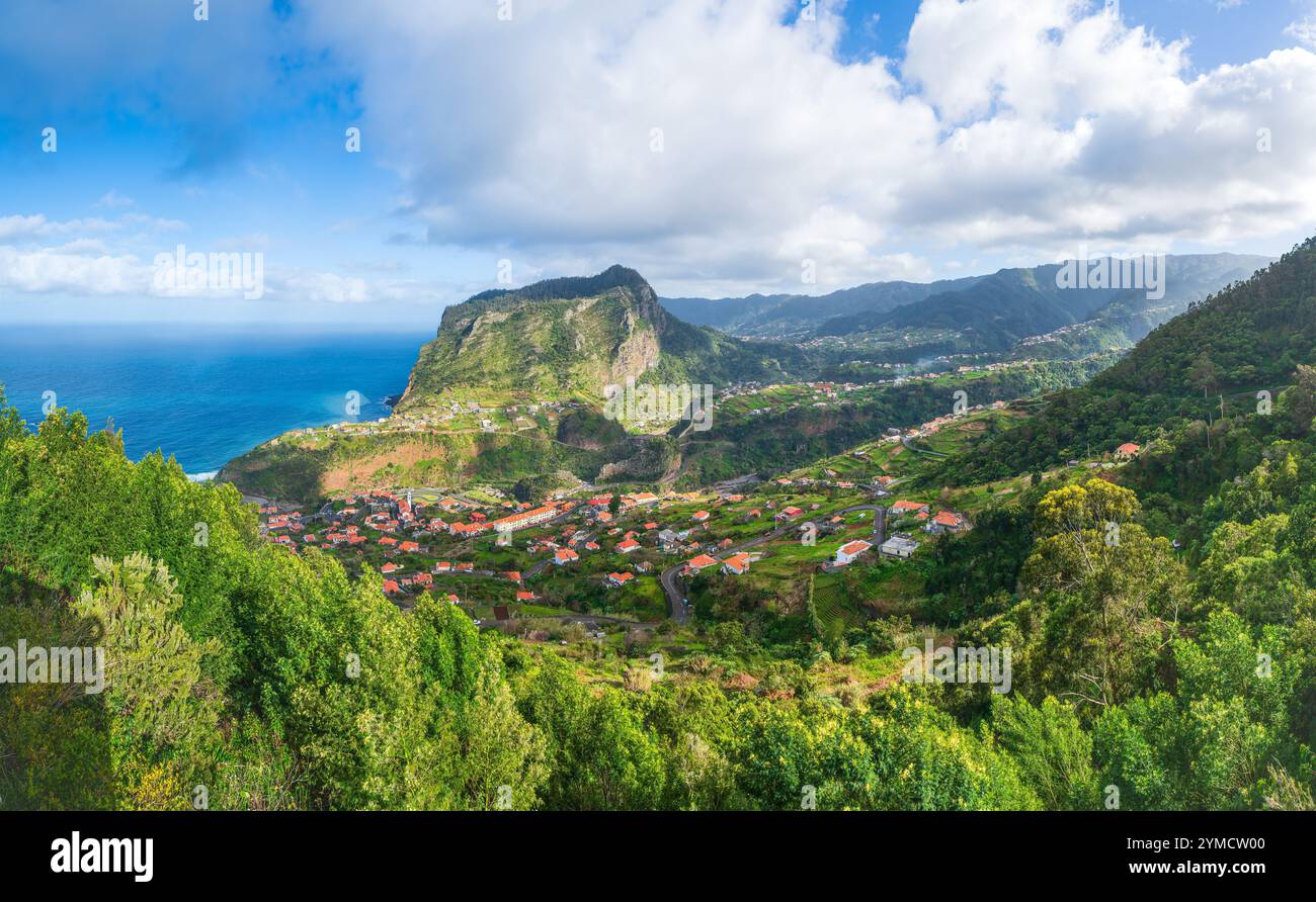 Landscape with Eagle Rock and charming village of Faial in Madeira with ...