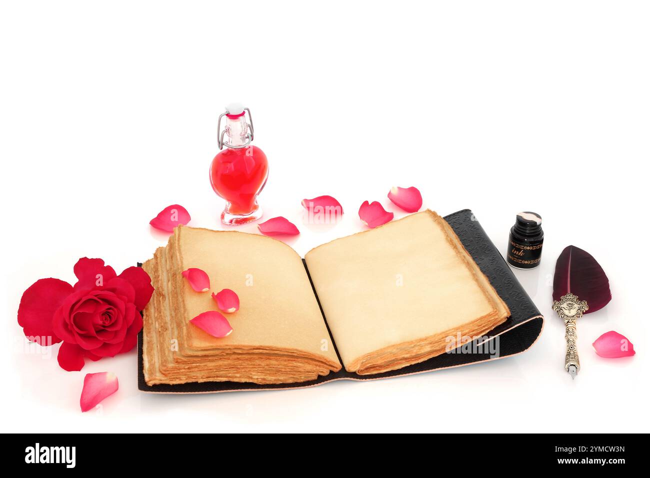 Valentines day love potion preparation with rose flower, petals, spell ...