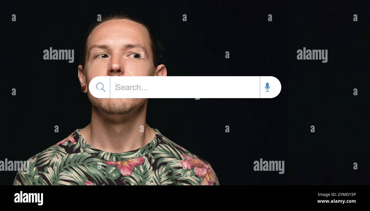Man with search bar graphic over his mouth, symbolizing digital ...