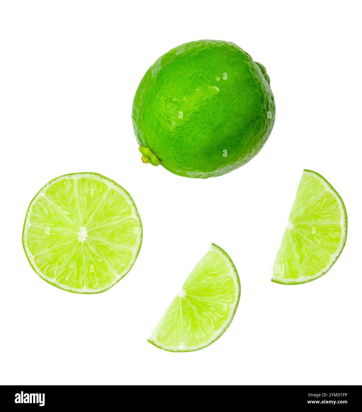 Top view set of fresh green lemon fruit with half and slices or ...