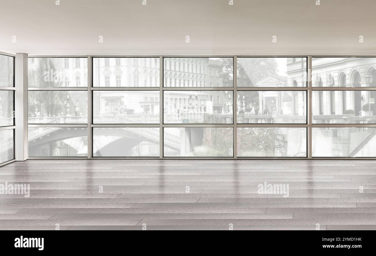 Interior of an empty room, to be furnished, with wooden floor and a ...