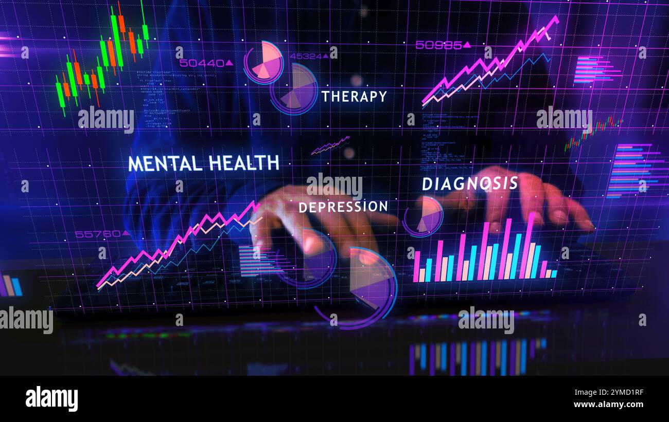 Mental health and depression crisis charts and graphs diagram with man ...